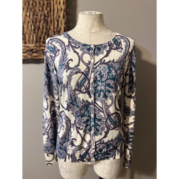 Talbots | Sweaters | Talbots Cardigan Sweater Teal Blue Purple Cream M ...